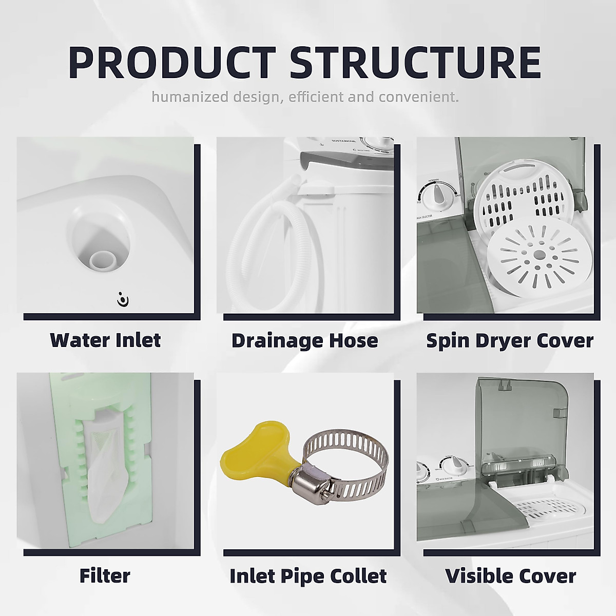 Sustainova Portable Washing Machine Twin Tub 9.9 Lbs Capacity, (7.7 Lbs) and Spinner(2.2 Lbs) Combo Mini Compact Laundry Washer for Home, Apartment, Camping, RVs and Dorms, Black/White