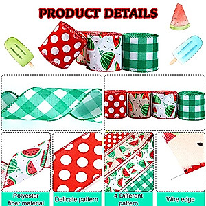 4 Rolls 20 Yards x 2.5 Inch Wired Ribbons Watermelon Printed Ribbons Check Plaid Dot Pattern Green Red Ribbons for Summer Wreaths, Wrapping, Floral Arrangements and DIY Crafting Supplies, 4 Styles