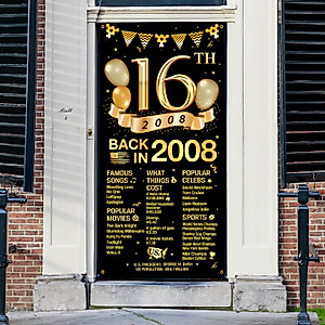 16th Birthday Door Cover Banner Decorations, Black Gold Happy 16th Birthday Door Cover Party Supplies, Large Sixteen Year Old Birthday Poster Backdrop Sign Decor