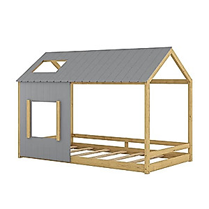 Livavege Twin Size Wooden House Bed with Roof and Window, Montessori Floor Twin Platform Bed Frame for Boys and Girls, Fun Playhouse Style w/Wooden Slats Support, No Box Spring Needed