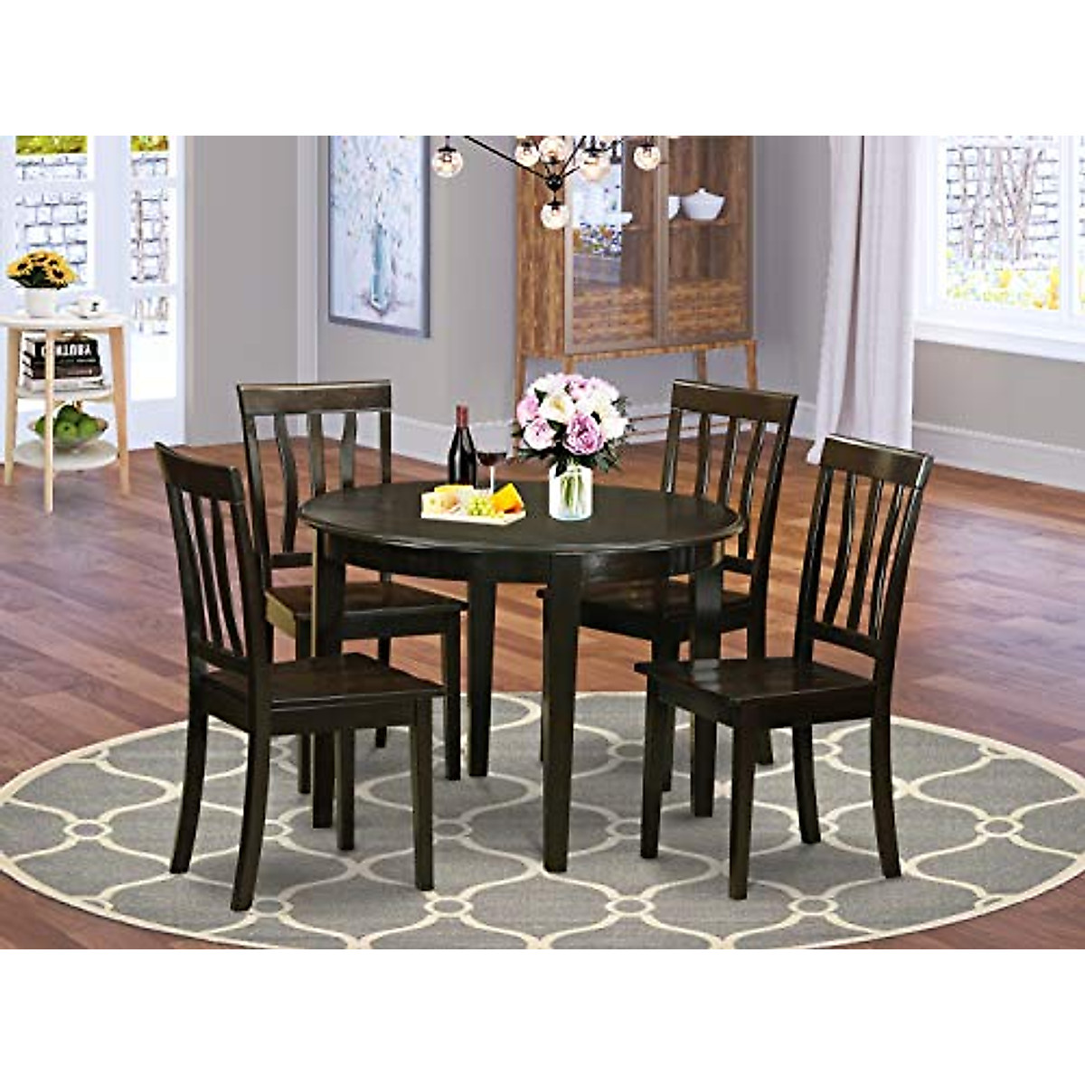 East West Furniture Boston 5 Piece Kitchen Set for 4 Includes a Round Dining Room Table and 4 Solid Wood Seat Chairs, 42x42 Inch, Cappuccino