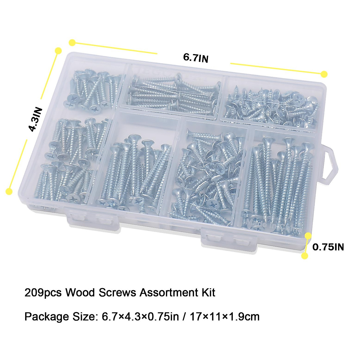 JEGONFRI High Hardness Wood Screws Assortment Kit, 209 pcs, Phillips Drive Flat Head, Wood Screws, Screws, Drywall Screws, Assorted Screws, Screws Set, 6 Sizes (2”,1-1/2”,1-1/4”,1”,3/4”,1/2”)