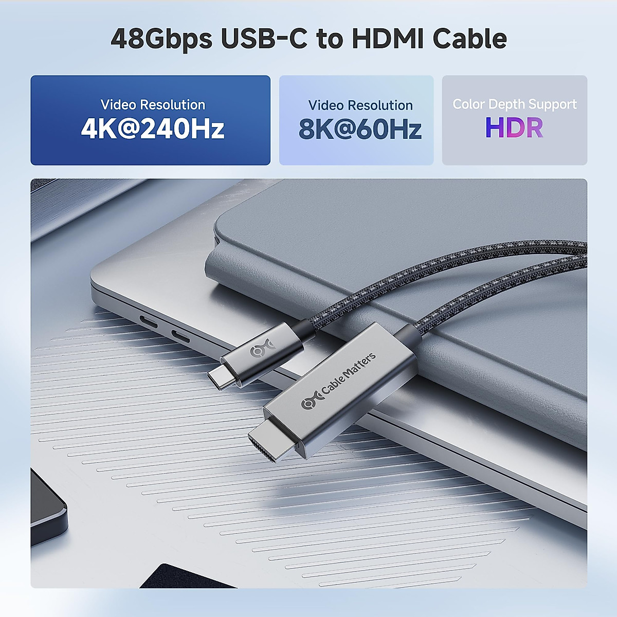 Cable Matters 48Gbps 8K USB C to HDMI 2.1 Cable 6 ft, Support 4K 240Hz and 8K 60Hz HDR - Thunderbolt 3, Thunderbolt 4, USB4 Compatible with iPhone 16/15 - Max Resolution on Any MacBook is 4K 60Hz