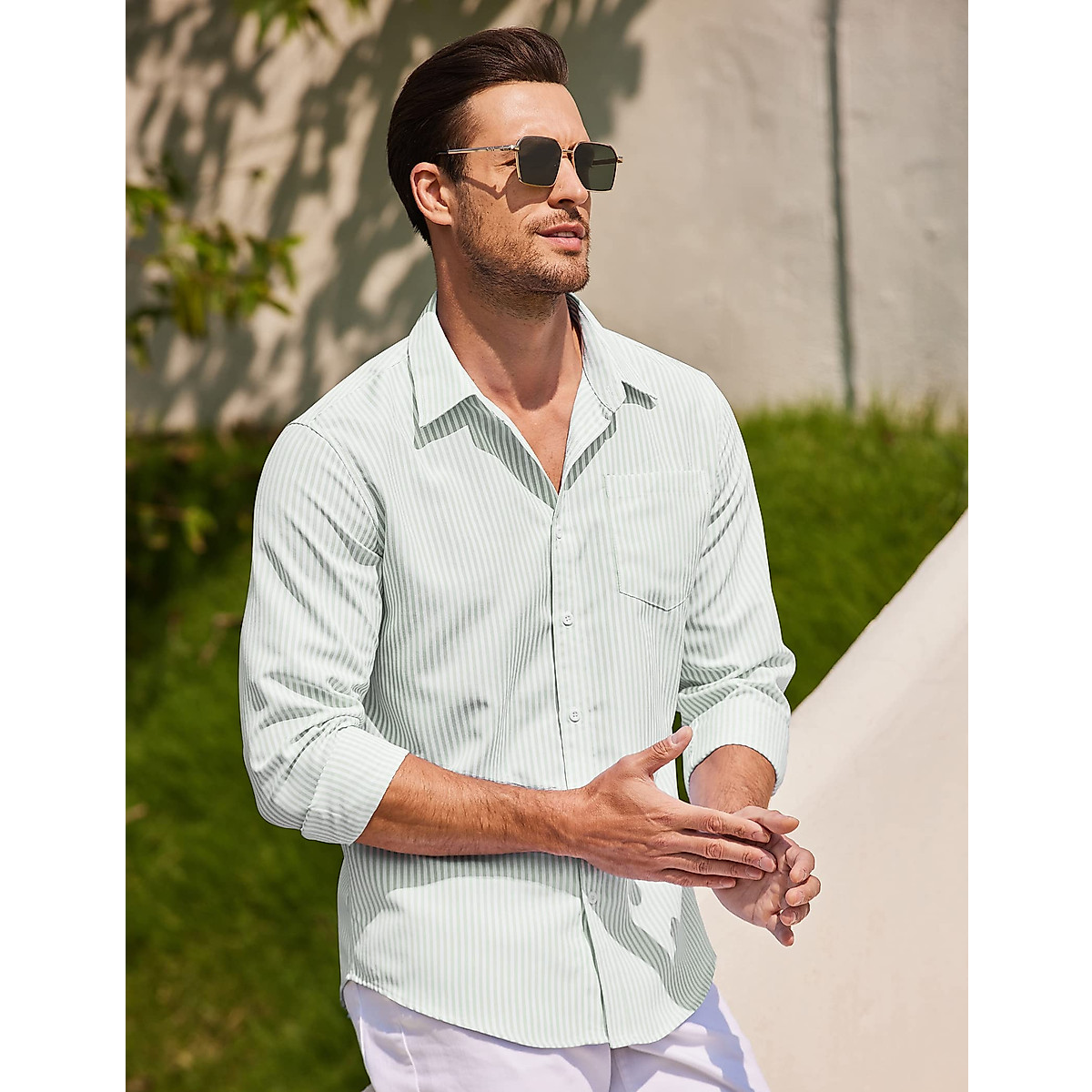 COOFANDY Men Striped Button Down Shirts Slim Fit Untucked Shirt Dress Shirt Jackets Light Green