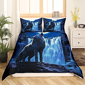 Moon Howling Wolf Bedding Set Twin Size,3D Wolf Duvet Cover Set Kids Boys Girls Room Decor,Waterfall Wild Animal Moonlight Comforter Cover 2Pcs,Blue Dark Night Nature Bedspreads Cover,1 Pillowcase