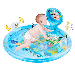 flashbluer 4-in-1 Tummy Time Water Mat with Baby Mirror & Baby Teethers and Rattles, Large Baby Water Play Mat Infant Newborn Baby Toys, Suitable for 3 6 9 12 Month Baby Girl or Boy Development