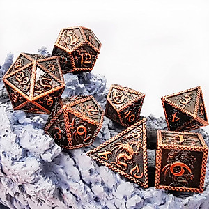 MJDICEOK Metal Dice Dragon Set 7 DND Role Playing Dice D&D Solid Dice Ancient Red Copper