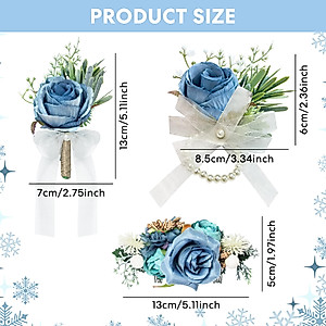 Footfox Blue Rose Corsage and Boutonniere Set with Bridal Hair Comb, Corsages for Wedding