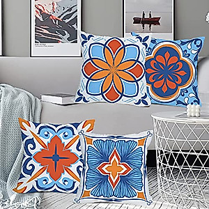 Qinqingo Outdoor Waterproof Throw Pillow Covers 24x24 inch Floral and Boho Style Decorative Pillow Covers Modern Geometric Pillowcase for Patio Funiture Garden Set of 4, Blue and Orange