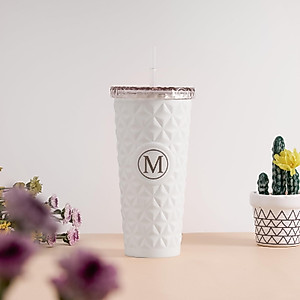 MEFELAY Initial Tumbler with Lid and Straw, 24oz Initial Stainless Steel Insulated Cup, travel coffee mug, Personalized Christmas Birthday Gifts for Women(letter M)