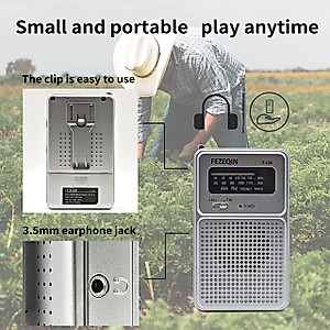 FEZEQIN F-126 Portable Radio AM FM Battery Operated Radio Compact Transistor Excellent Reception with Tuning Light, Back Clip, Speaker Headphone Jack for Walking, Camping and Emergency (Silver)