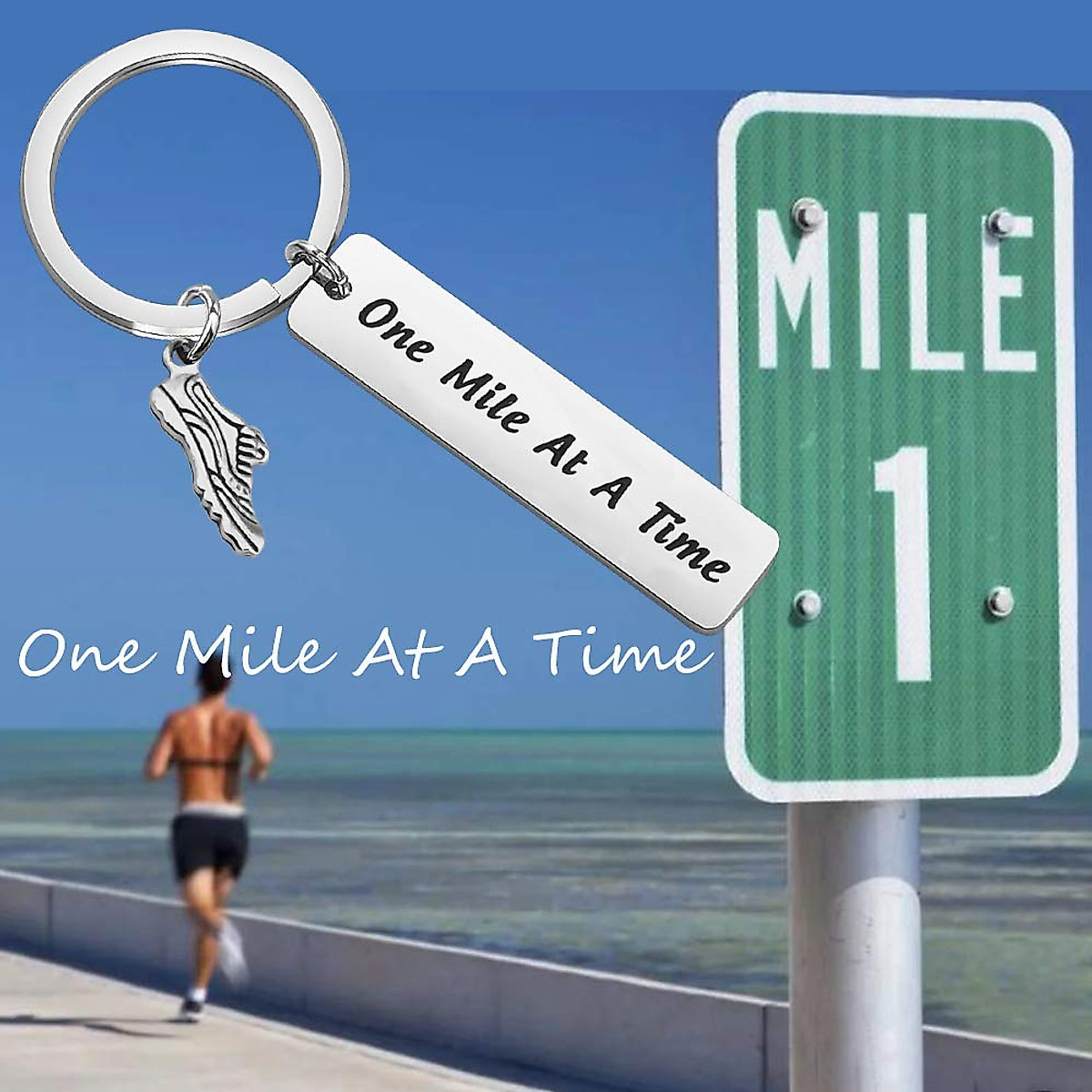 FOTAP Runner Gift One Mile At A Time keychain Runner jewelry Run Gift Marathon Jewelry Runner keychain Marathon gift(One Mile Key)