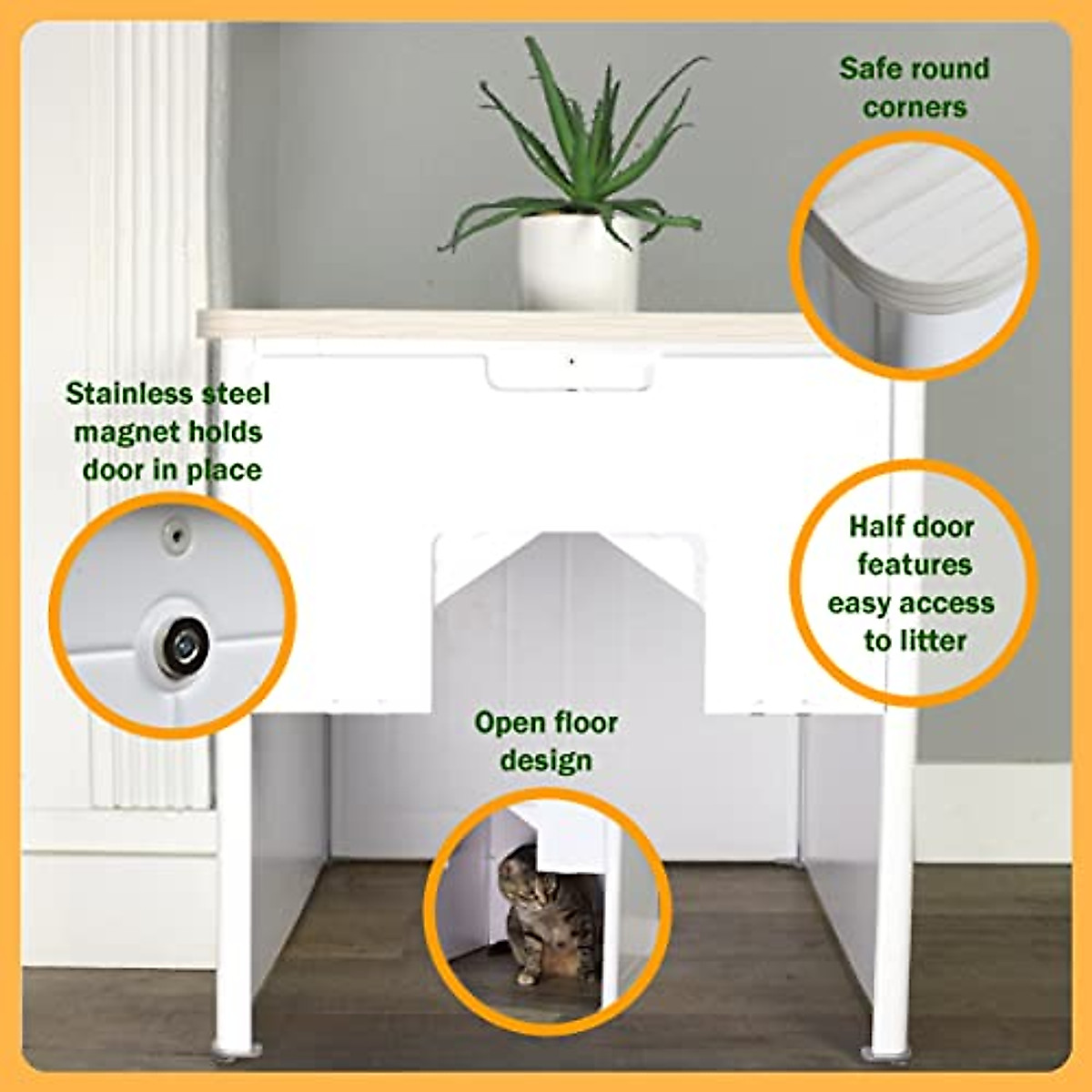 Palram Pets CATSHIRE Cat Litter Box Enclosure Furniture, Hidden Cat Box, Functional Pet House Side Table, Nightstand, Enclosed Kitty Loo Washroom with Magnetic Door Latch, Easy to Clean, White