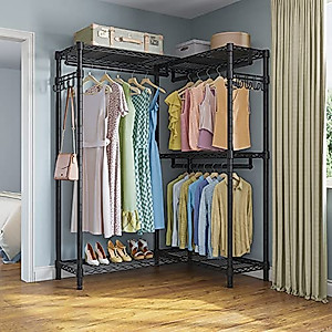 VIPEK L4 Garment Rack L Shaped Clothes Rack for Corner, Freestanding Portable Wardrobe Closet Heavy Duty Clothing Rack with 3 Hanging Rods & 2 Side Hooks, 43.3"Lx29.1"Wx76.4"H, Max Load 750LBS, Black