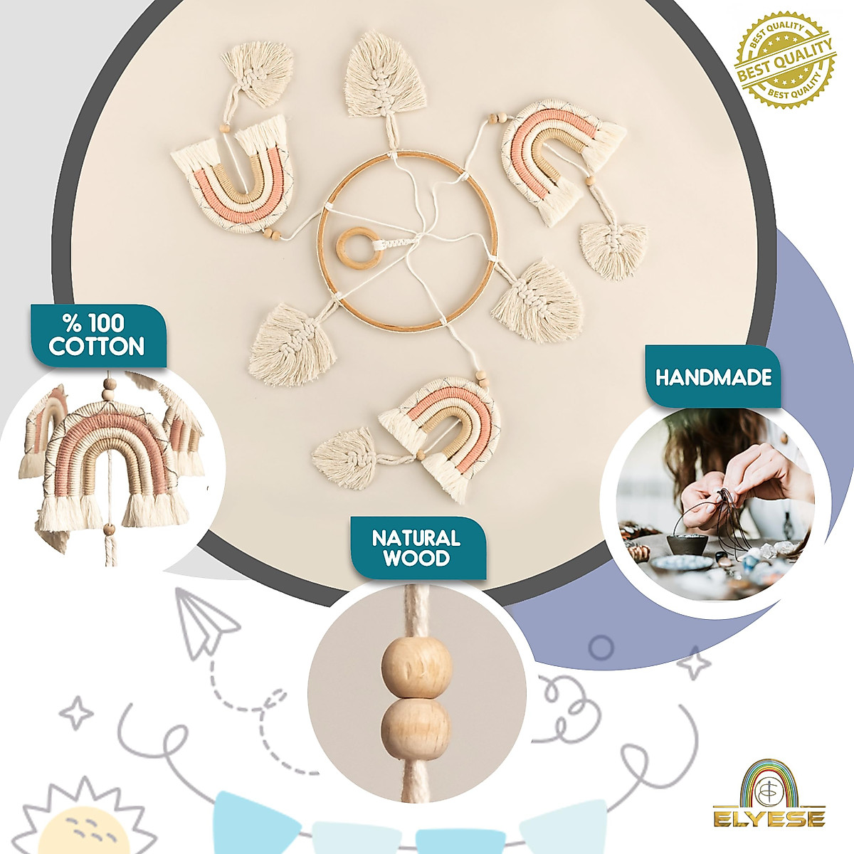 ELYESE Crib Mobile for Girls, Rainbow Baby Mobile, Handmade Mobile for Crib, Macrame Baby Mobile for Crib, Boho Baby Crib Mobile, Natural Crib Mobile (Pink)