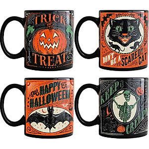 Vintage Halloween Scaredy Cat Spooky Cups - Jack o Lantern Pumpkins Halloween Coffee Mugs - Trick or Treat Retro Halloween Mug Set - Witch Gifts For Women Sister Friends (11 Oz, Black Cat)