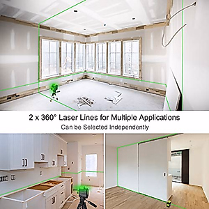 Huepar 2 x 360 Cross Line Self-leveling Laser Level, 360° Green Beam Dual Plane Leveling and Alignment Laser Tool, Li-ion Battery with Type-C Charging Port & Hard Carry Case Included - B02CG