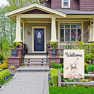 Welcome Floral Bunny Garden Flag Vertical Double Sided Easter Bunny Rabbit, Spring Summer Rustic Farmhouse Yard Outdoor Decoration 12.5 x 18 Inch