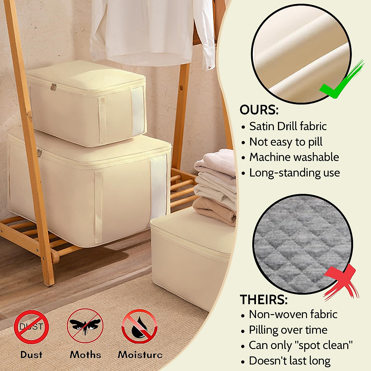 Dannir Clothes Storage Bag, Ultra Space Saving Self Compression Organizer for Blanket, Quilt, Pillow, X-Large Zipper Comforter Storage Bags with Mesh Window, Home Essentials, Cream