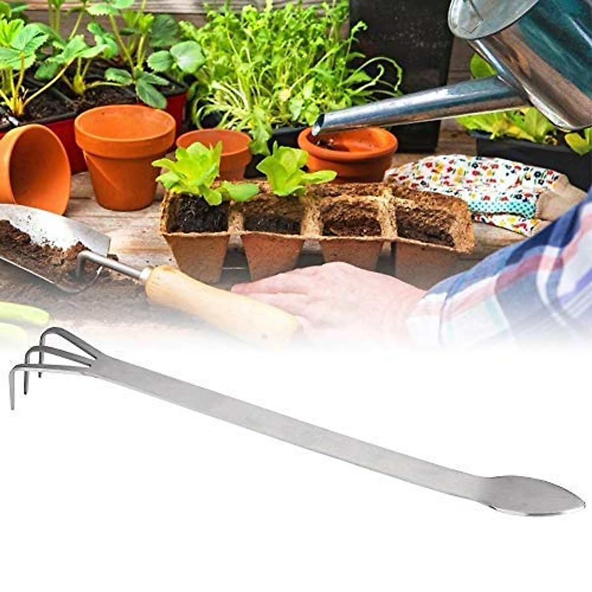 Gardening Rake, 2 in 1 Stainless Steel 3-Prong Loosen Soil Bonsai Tree Gardening Tool Root Rake and Spatula Patio Lawn Garden