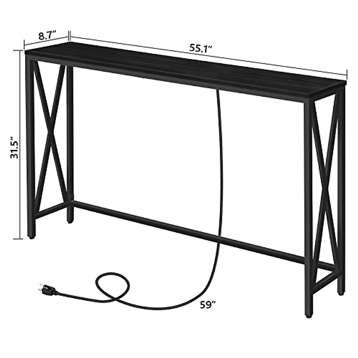 MAHANCRIS 55.1" Console Table with Power Outlet, Narrow Sofa Table, Farmhouse Sofa Couch Table with Charging Station, Sturdy and Durable, for Entryway, Living Room, Foyer, Black CTHB8301