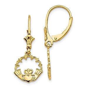 Auriga Fine Jewelry 14K Yellow Gold Claddagh in Circle Dangle Earrings with Leverback, (L-30 mm, W-11 mm) Gift for Women