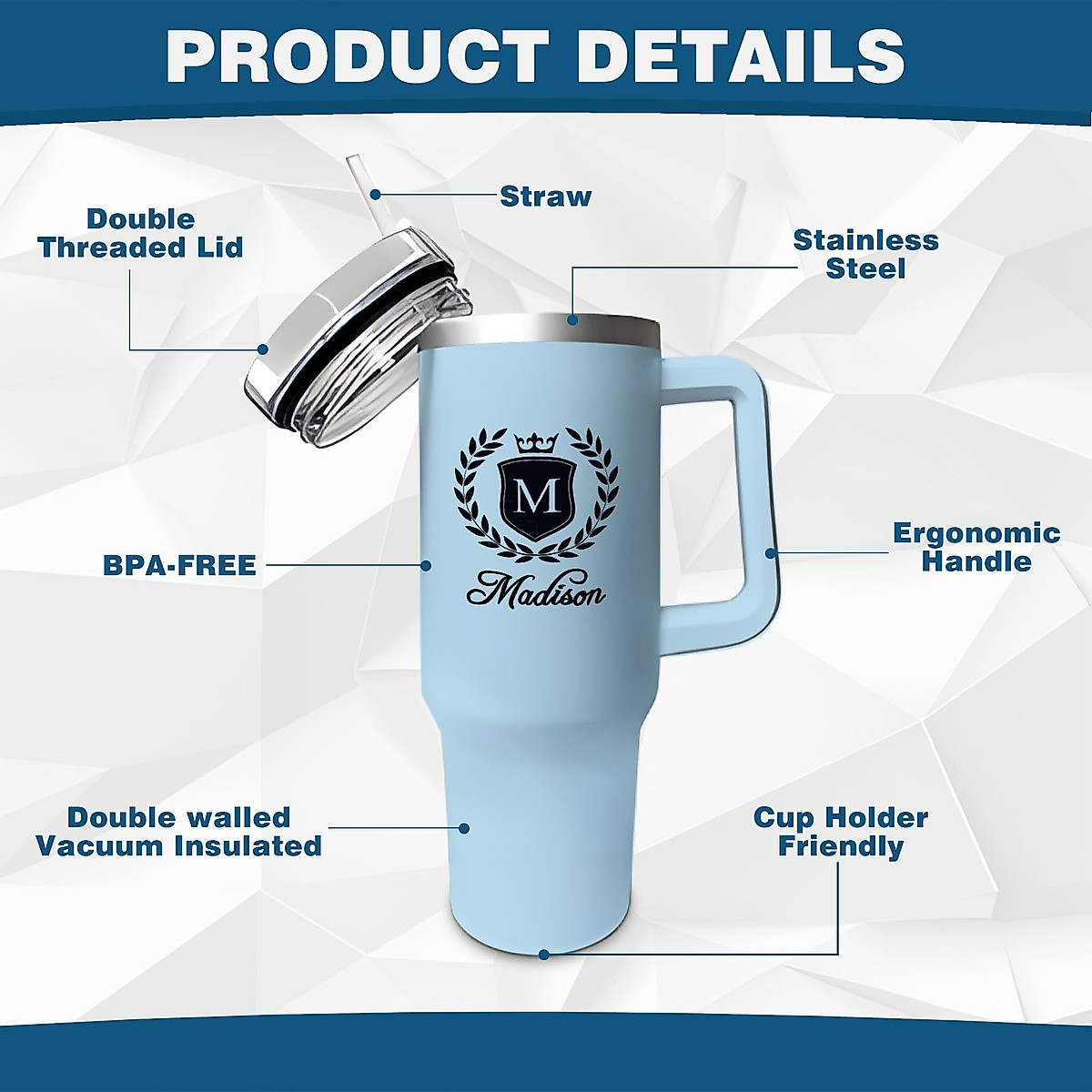 Personalized 40 Oz Tumbler with Engraved Logo Text and Graphic|Custom Insulated Tumbler with Lid and Straw Double Wall Stainless Steel Coffee Tumbler Personalized Gifts for Women and Birthday