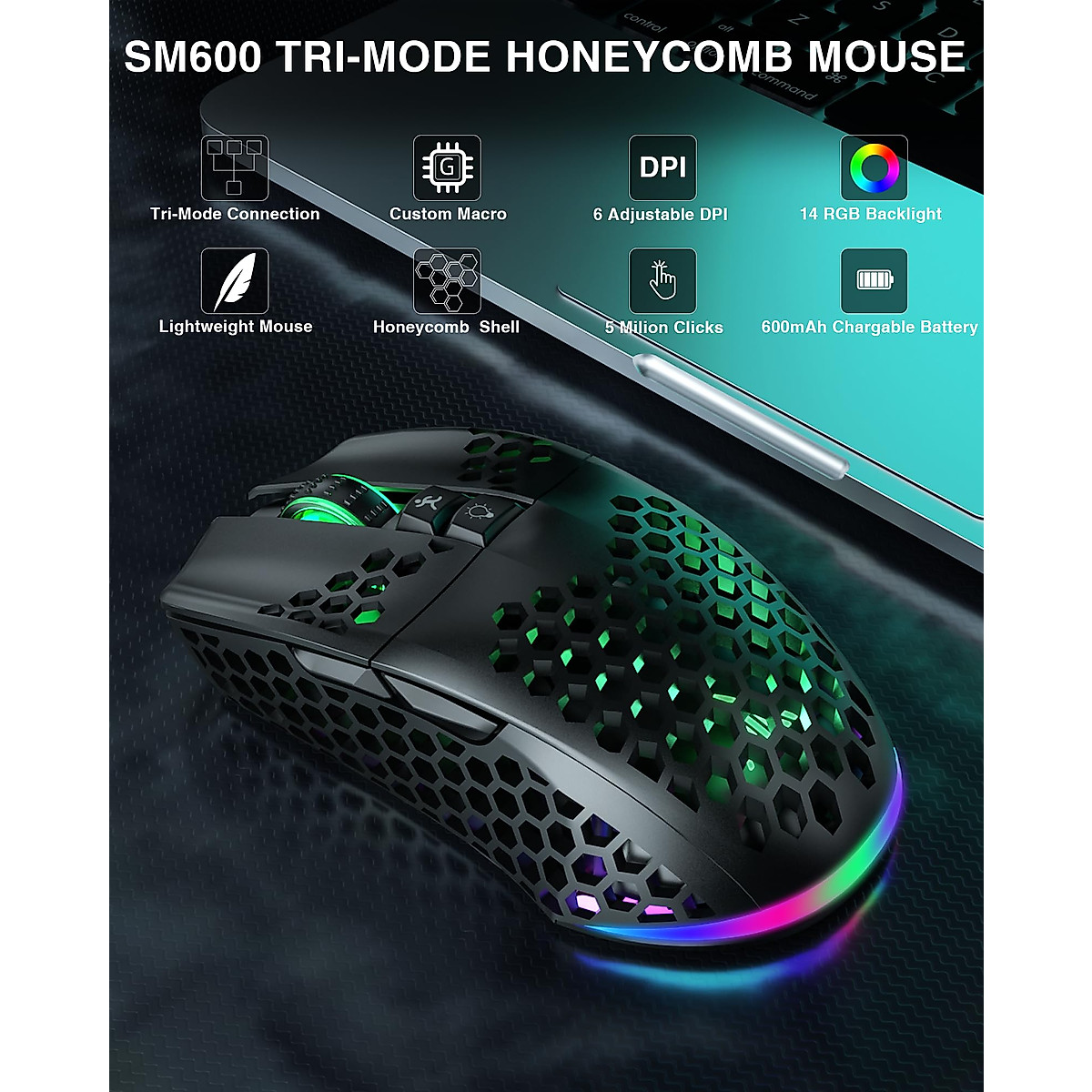 SOLAKAKA SM600 Honeycomb Shell Gaming Mouse Wireless,8000 DPI Tri-Modes BT5.1/2.4G Wireless/Type-C Wired Gamer Mouse with 2 Side Buttons, Macro Programmable and RGB Light for PC/Mac/Laptop,Black