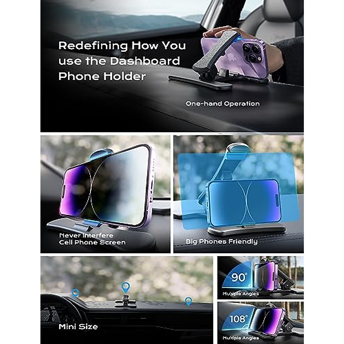 LISEN Dashboard Phone Holder for Car, Dashboard Mount [ Never Slip& Fall] Universal Car Phone Holders for iPhone Dash Accessories Compatible with iPhone 15 Pro Max Plus 14 13 12 Mini Samsung All
