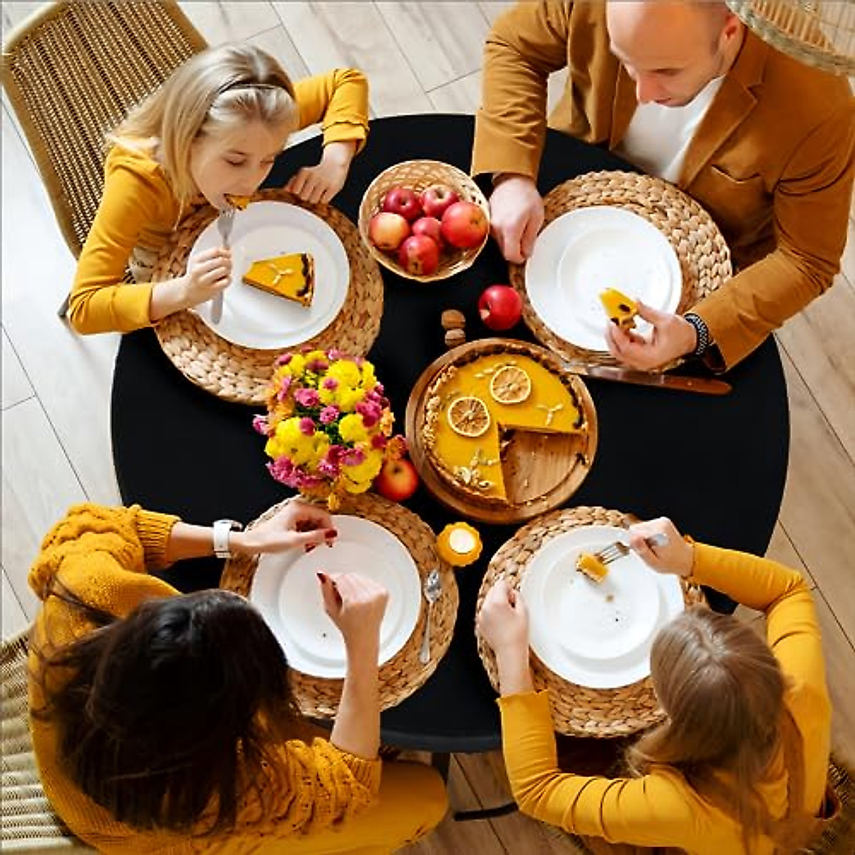 LUSHVIDA Round Waterproof Table Cover Tablecloth Vinyl Fitted Elastic Edged Plastic Table Cover Fits Tables up to 45"-56" R Black