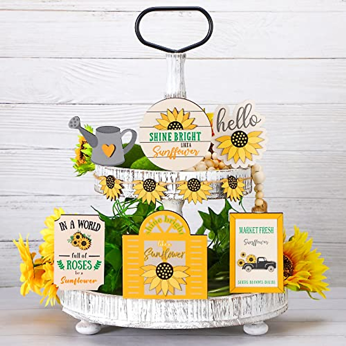 7 Pieces Summer Tiered Tray Decor Set Summer Wood Sign Rustic Farmhouse Decor Wooden Kitchen Tiered Tray Sign Decorative Trays Signs for Summer Home Kitchen Table Shelf (Sunflower Style)