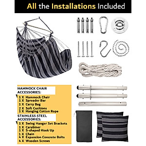 XXL Hammock Chair Hanging Rope Swing with 2 Cushions - Max 500lbs-Perfect for Patio, Porch, Bedroom, Backyard, Indoor or Outdoor - Includes Hanging Hardware Kits