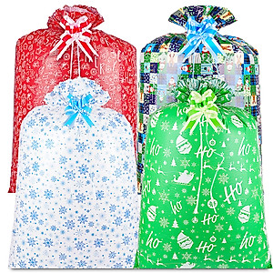 JWSCYSY 4Pcs Extra Large Christmas Gift Bags, Jumbo Christmas Bags 60" x 36" Oversized Plastic Gift Bags with Pull Bows and Tags for Huge Giant Xl Xmas Holiday Gifts Presents Wrapping