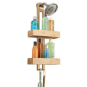 iDesign Formbu Bamboo Hanging Shower Caddy for Shampoo, Conditioner, and Soap with Hooks for Razors, Towels, Loofahs, and More, 11.05" x 5.32" x 26.68", Natural Beige