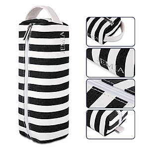JEMIA Single Compartments Collection 1 Independent Zipper Chambers with Handle Strap Pencil Case (Black White Stripes, Canvas, Medium)