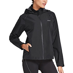 BALEAF Women's Rain Jackets Waterproof Windbreaker Windproof Lightweight Running Cycling Jackets Reflective Packable Hooded Black M