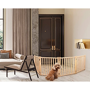 YOCAN Wooden Freestanding Dog Gates for The House,Dog Gates for Doorways, Stairs,Wood Dog Fences Indoor Pet Gate,Step Over Fence-4 Panel 24”