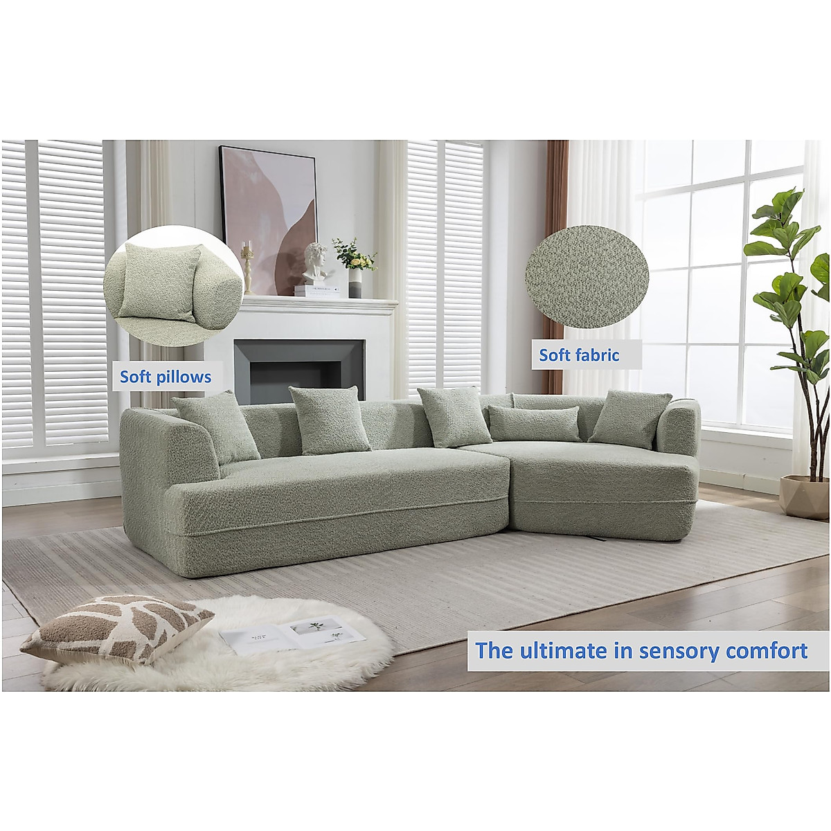 VnndeNest 125'' Modular Sectional Couch, Modern Upholstered L-Shape Sectional Sofa with Chaise Lounge, Comfy Boucle Fabric Curved Cloud Sofa for Living Room, Apartment, Bedroom, Assembly-Free, Green