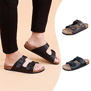 WTW Men's Cork Footbed Sandals Slip on Beach Slide Slipper Shoes with Adjustable Metal Buckle Strap for Men Causal Style