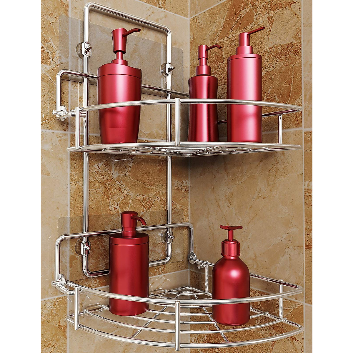 Vdomus pot rack ceiling mount cookware rack hanging hanger organizer with hooks (33 x 17 Inch) and Strong Shower Caddy 2 Tier Bathroom Corner Shelf Organizer Polished Chrome- No Drilling Needed Basket