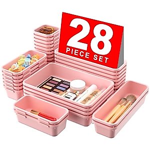 A-LuGei 【28PCS】 Drawer Organizer, Bathroom Organizers and Storage, Makeup organizer, Desk drawer organizer, Storage Bins for Kitchen Office Bedroom Vanity Jewelry Pantry Garage（3Size）
