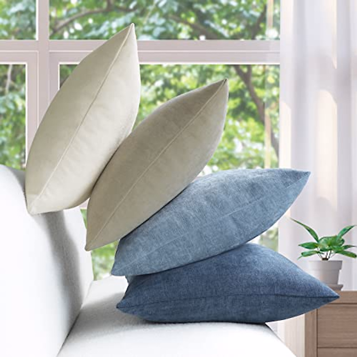 JIANTKJ Decorative Throw Pillow Covers 18x18, Set of 4 Soft Chenille Throw Pillowcases Square Pillow Covers Home Decor for Couch Sofa Bed Living Room, Pillow Inserts Not Included(Blue/Beige)