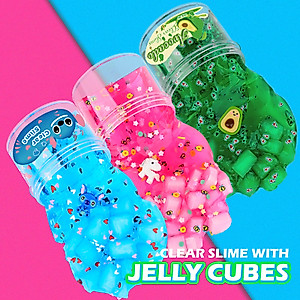 3 Pack Jelly Cube Crunchy Clear Slime Kit Blue Water Slime Pink Heart Add Ins, DIY Crystal Slime Set Avocado Green Pink Bubble Slime for Girls Boys, Kids Stocking Stuffers Toys Birthday Party Favors