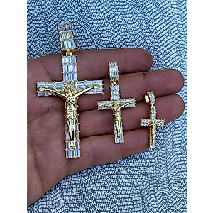 HarlemBling Real 925 Sterling Silver - 14k Gold Finish - Iced Baguette Cross W. Jesus Pendant - 3 Sizes Great For Any Necklace 1-2.5" (Medium 1.5")