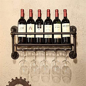 Industrial Vintage Wine Racks Wrought Iron Water Pipe Design 6 Bottles Wine Holder, Wine Glass Rack Goblet Stemware Racks, Black