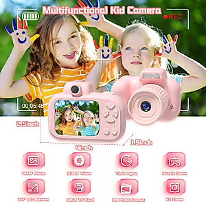 Temodu Kids Camera, Best Birthday Festival Toys Gifts for Girls Boys Age 3 4 5 6 7 8 9 10 11 12 Year Old, Digital Camera for Kids with Video, Toy Camera Toddler Camera for Girls with 32GB Card - Pink