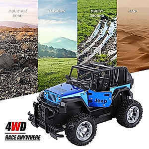 onthego RC Truck Jeep, 4WD Off-Road Remote Control Car SUV with Light, Metal Racing Vehicle Toy Car with Spring Suspension/Door Open/Storage Case for Kids Boys(Blue)