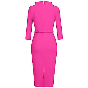 MUXXN Women's Elegant Midi 3/4 Sleeves Bodycon Sheath Pencil Vintage Cocktail Wedding Guest Dresses Hot Pink S