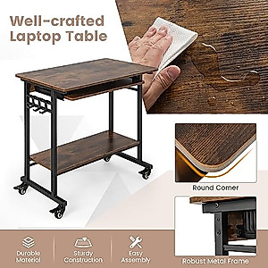 Tangkula Rolling Computer Desk Cart with Keyboard Tray, Mobile Portable Laptop PC Desk with CPU Stand & 3 Hooks for Sofa & Bed, Industrial Small Desk on Wheels for Small Spaces, Home Office Desk