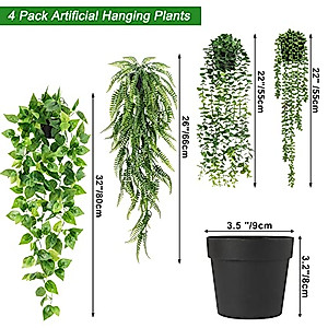 JPSOR Fake Hanging Plants, 4 Pack Artificial Potted Greenery Faux Eucalyptus Vine, Boston Fern, String of Pearls, Pothos Ivy in Pot for Home Room Wall Shelf Patio Garden Indoor Outdoor Decor